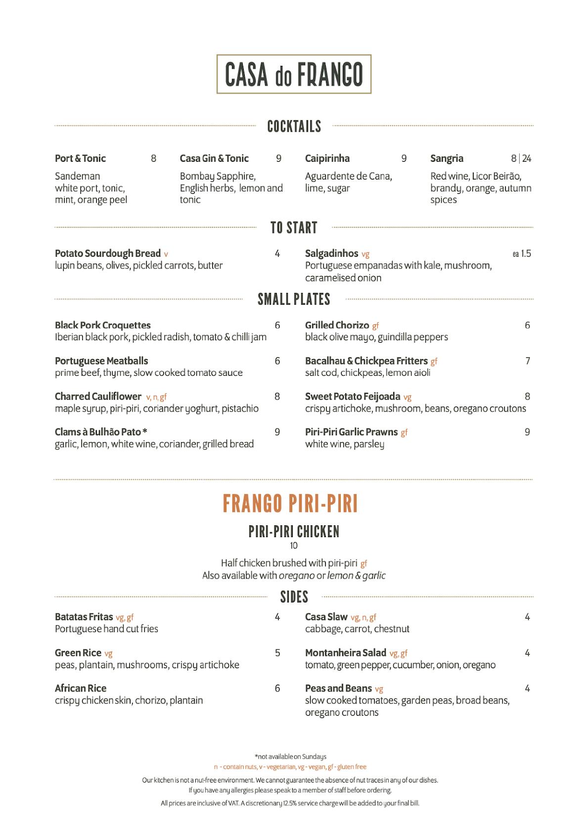 Menu at Casa do Frango London Bridge pub & bar, London, 32 Southwark St