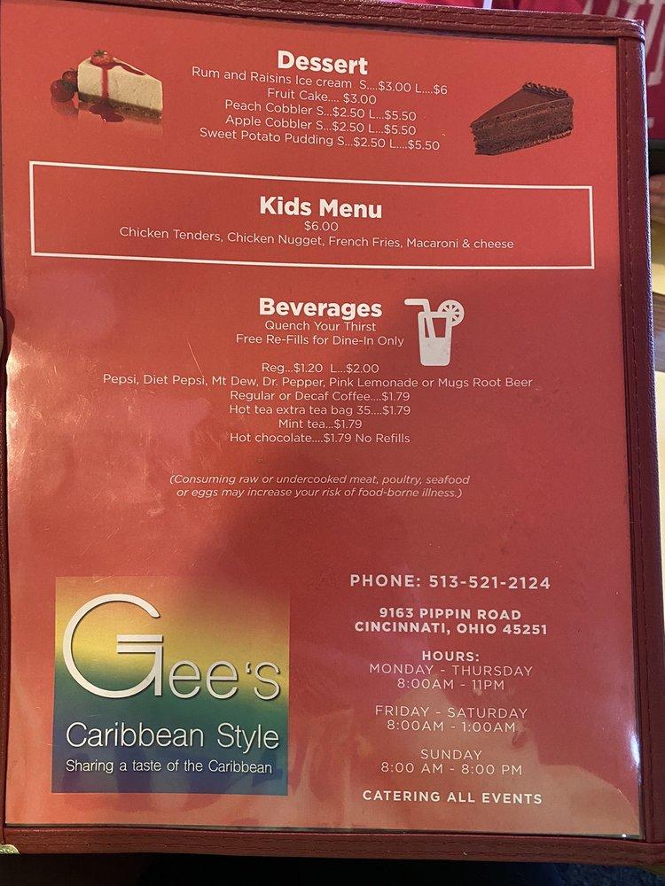 Menu at Gee's Caribbean Style restaurant, Cincinnati