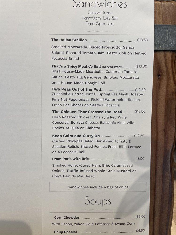 Menu at Grist restaurant, Dayton, 46 W 5th St
