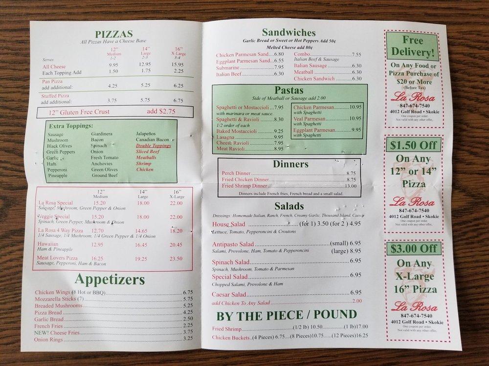 Menu at La Rosa pizzeria, Skokie