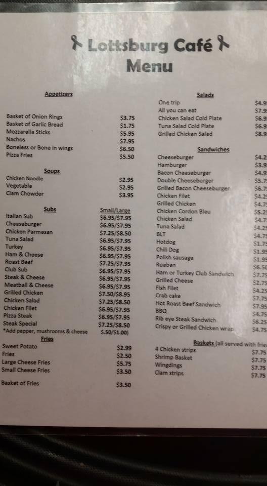 Menu at Lottsburg Cafe, Lottsburg