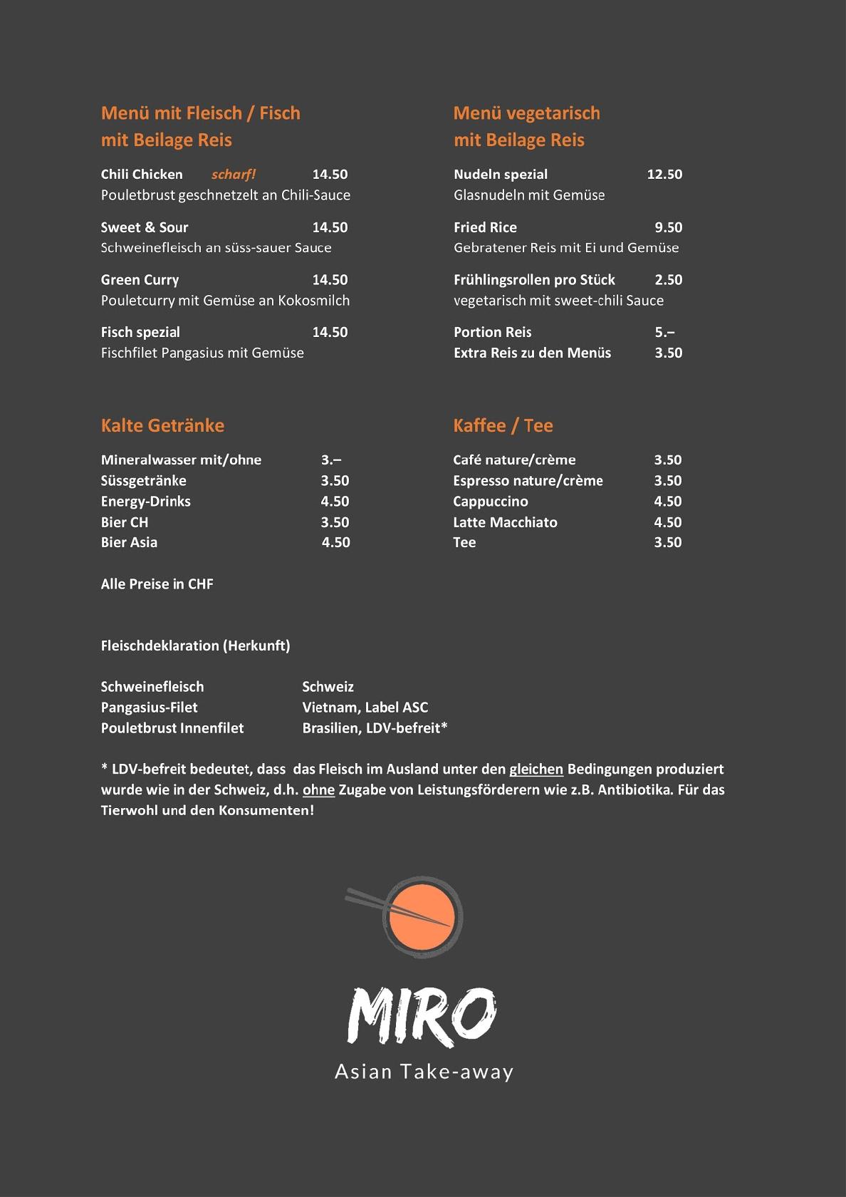 Menu at MIRO Asian Take-away, Muri