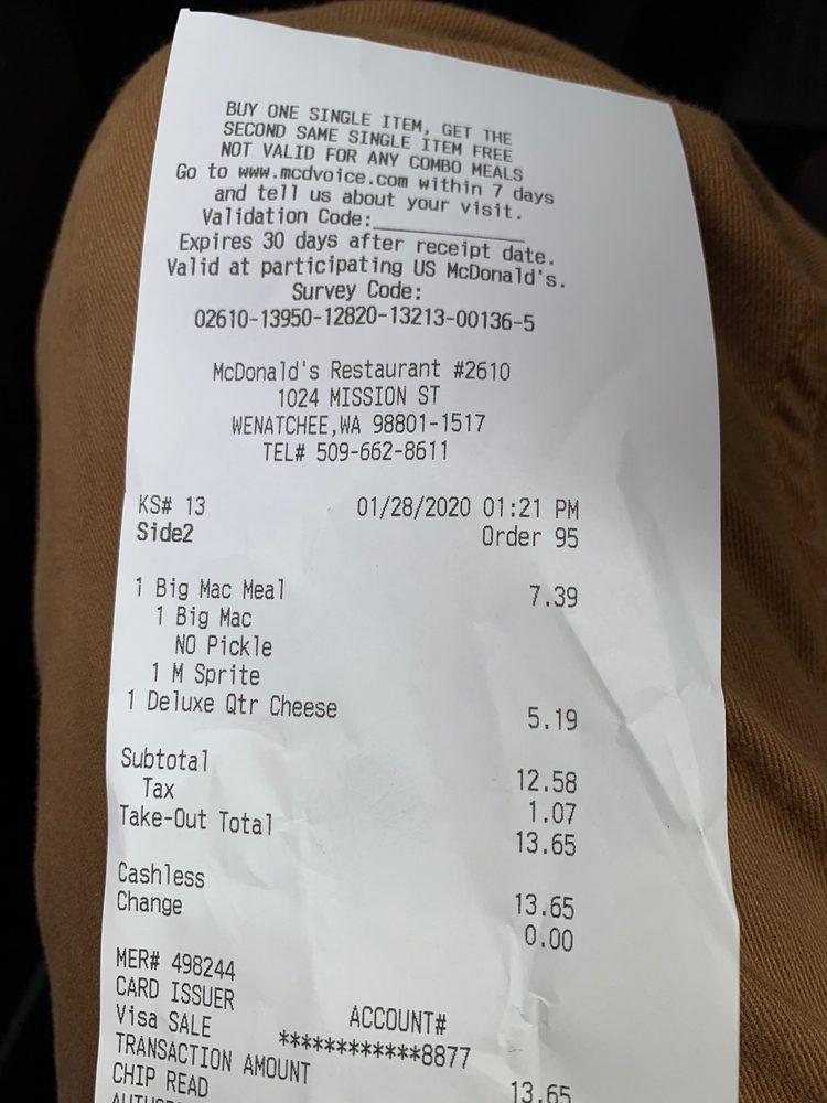 Menu at McDonald's fast food, Wenatchee, N Mission St