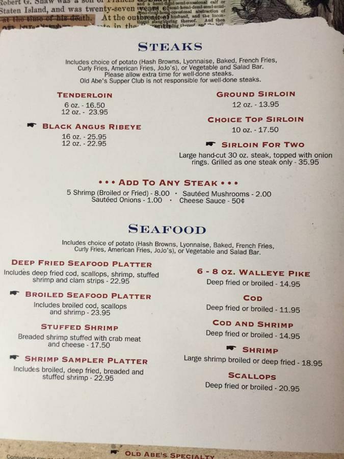 Menu at Old Abe's Supper Club, USA