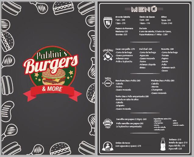 Menu at Pablini's Burgers restaurant, Monterrey