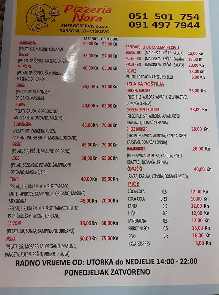 Menu at Pizzeria Nora, Viškovo