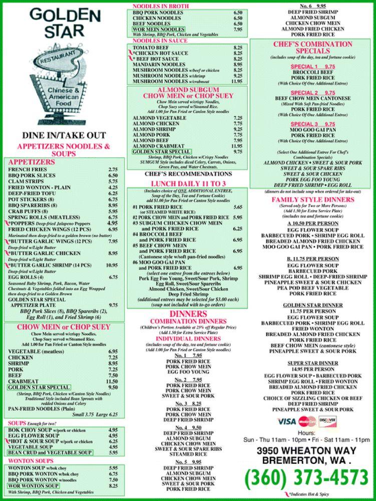 Menu at Golden Star Chinese & American Restaurant, Bremerton