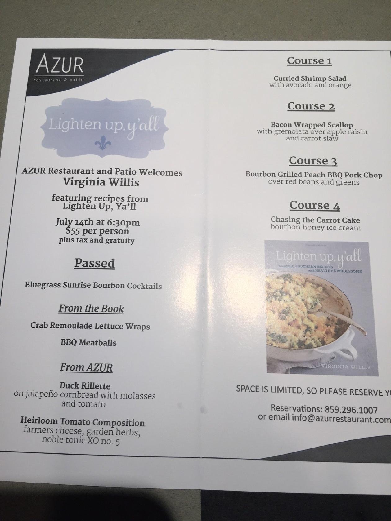 Menu at Azur Restaurant and Patio, Lexington