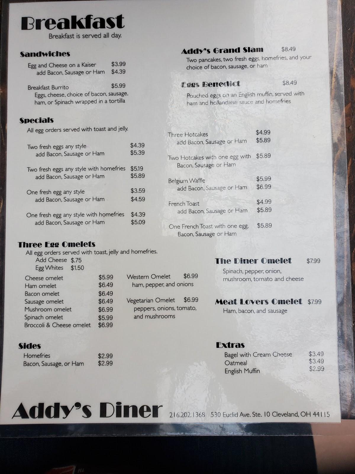 Menu at Addy's Diner restaurant, Cleveland