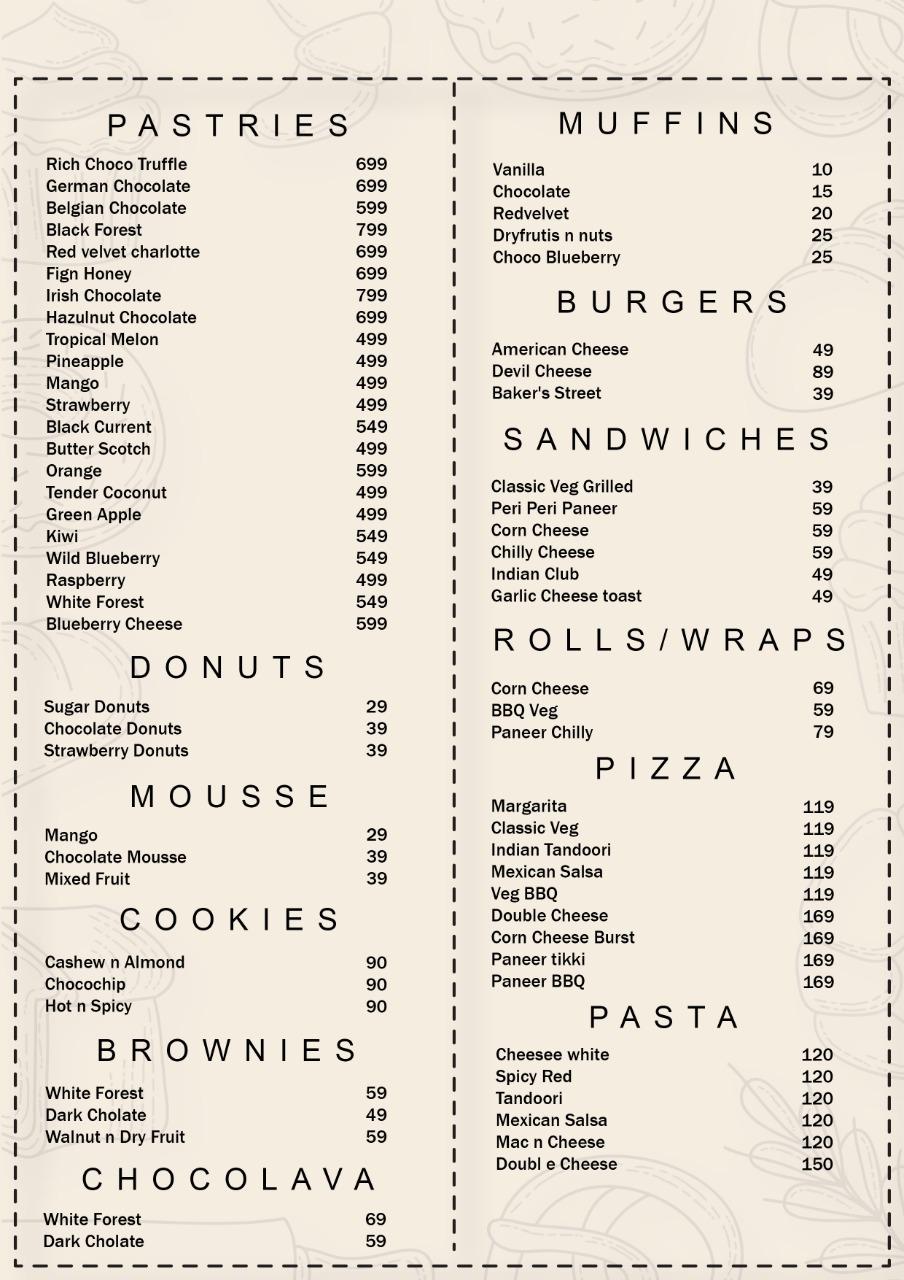 Menu at Bakers Street, Bengaluru