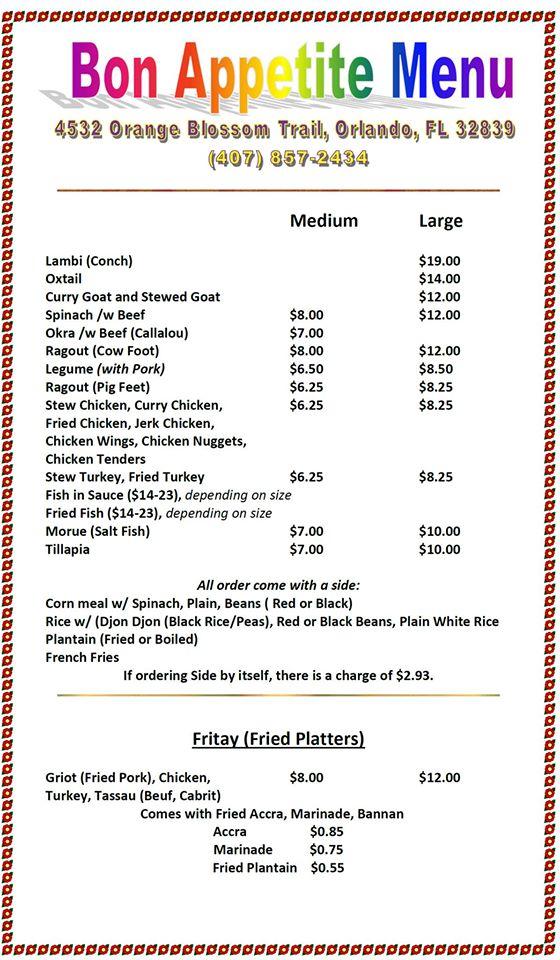Menu at Bon Appetite Grill restaurant, Orlando