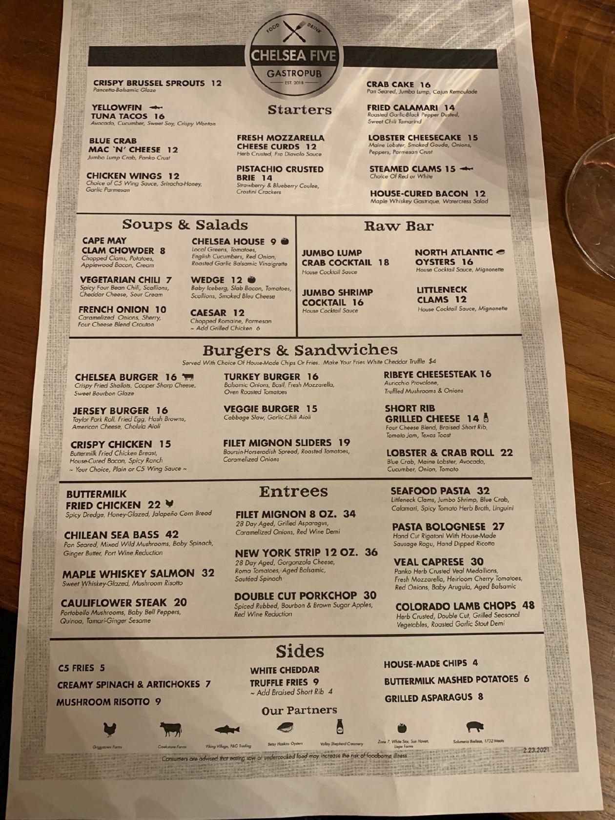 Menu at Chelsea Five Gastropub, Atlantic City