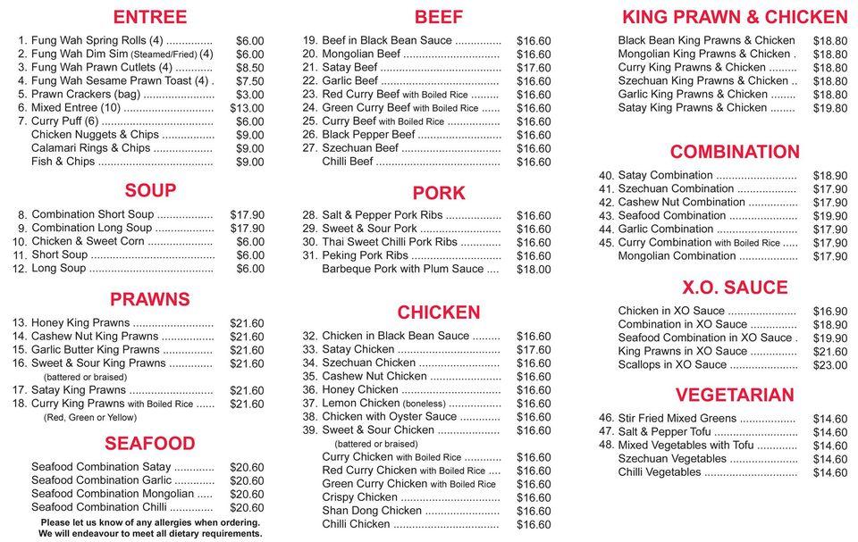 Menu at Fung Wah Asian Restaurant, Uralla