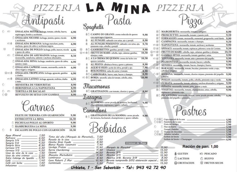 Menu at Pizzería La Mina, San Sebastián