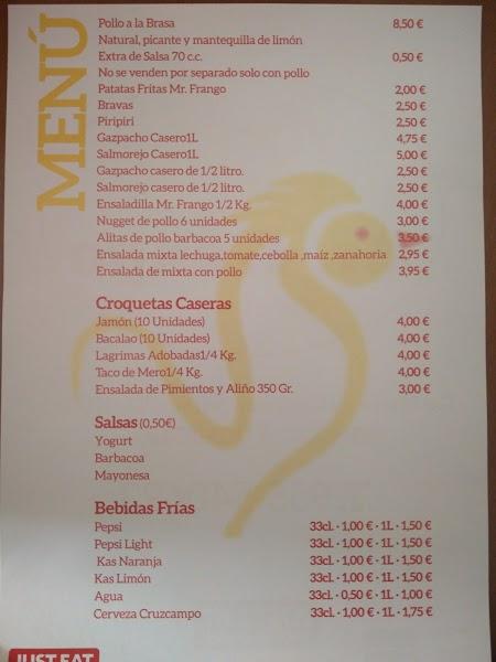 Menu at Mr. Frango restaurant, Seville, Ctra. de Carmona