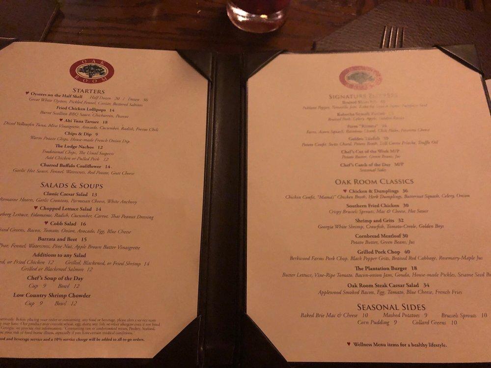 Menu at Oak Room restaurant, Saint Simons Island