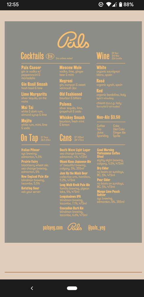 Menu at Pals Sandwiches pub & bar, Edmonton