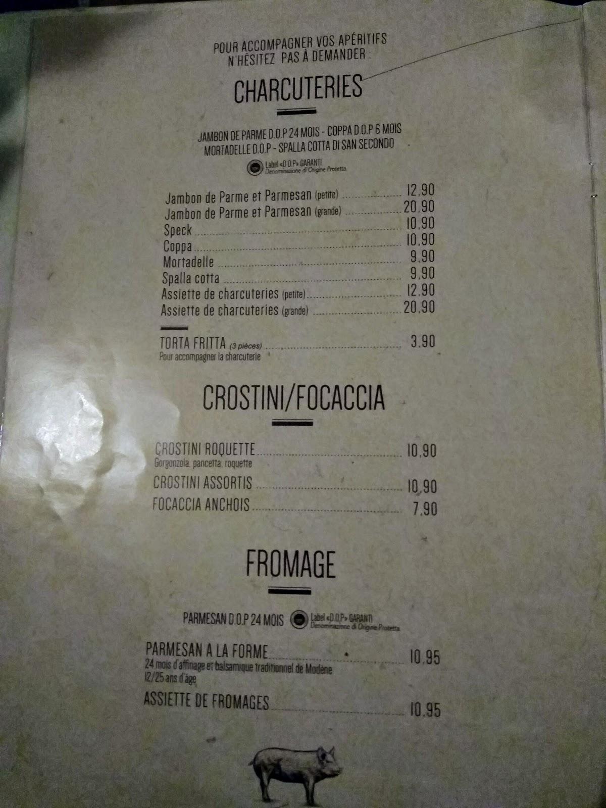 Menu at Ragazzi da Peppone restaurant, Nantes