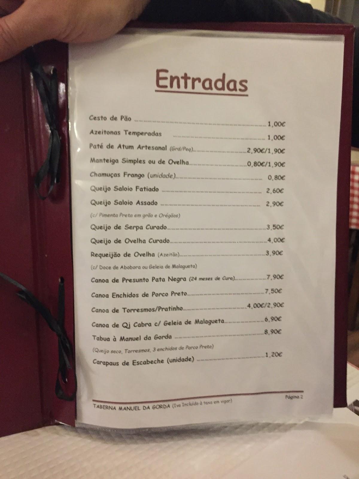 Menu em Taberna Manuel da Gorda restaurante, Trafaria