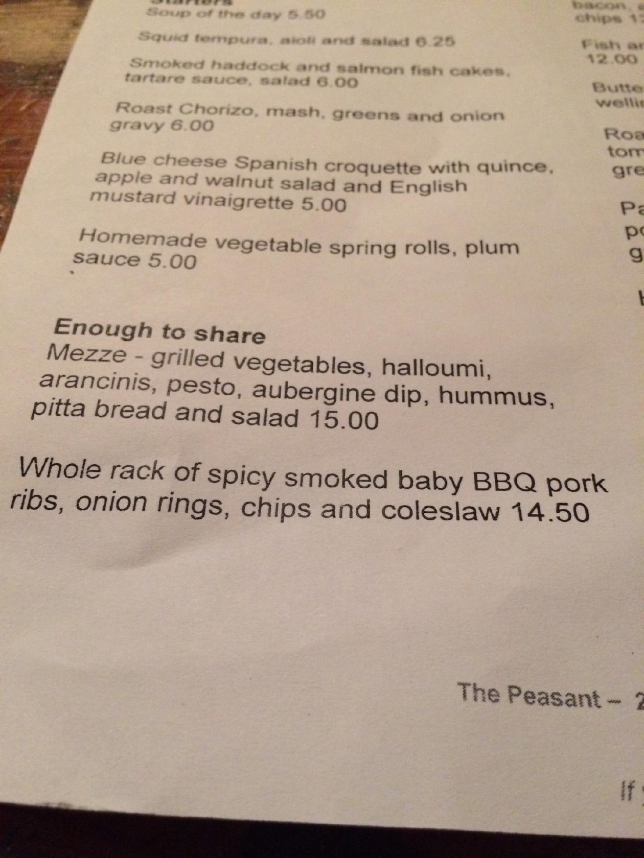 Menu at The Peasant pub & bar, London