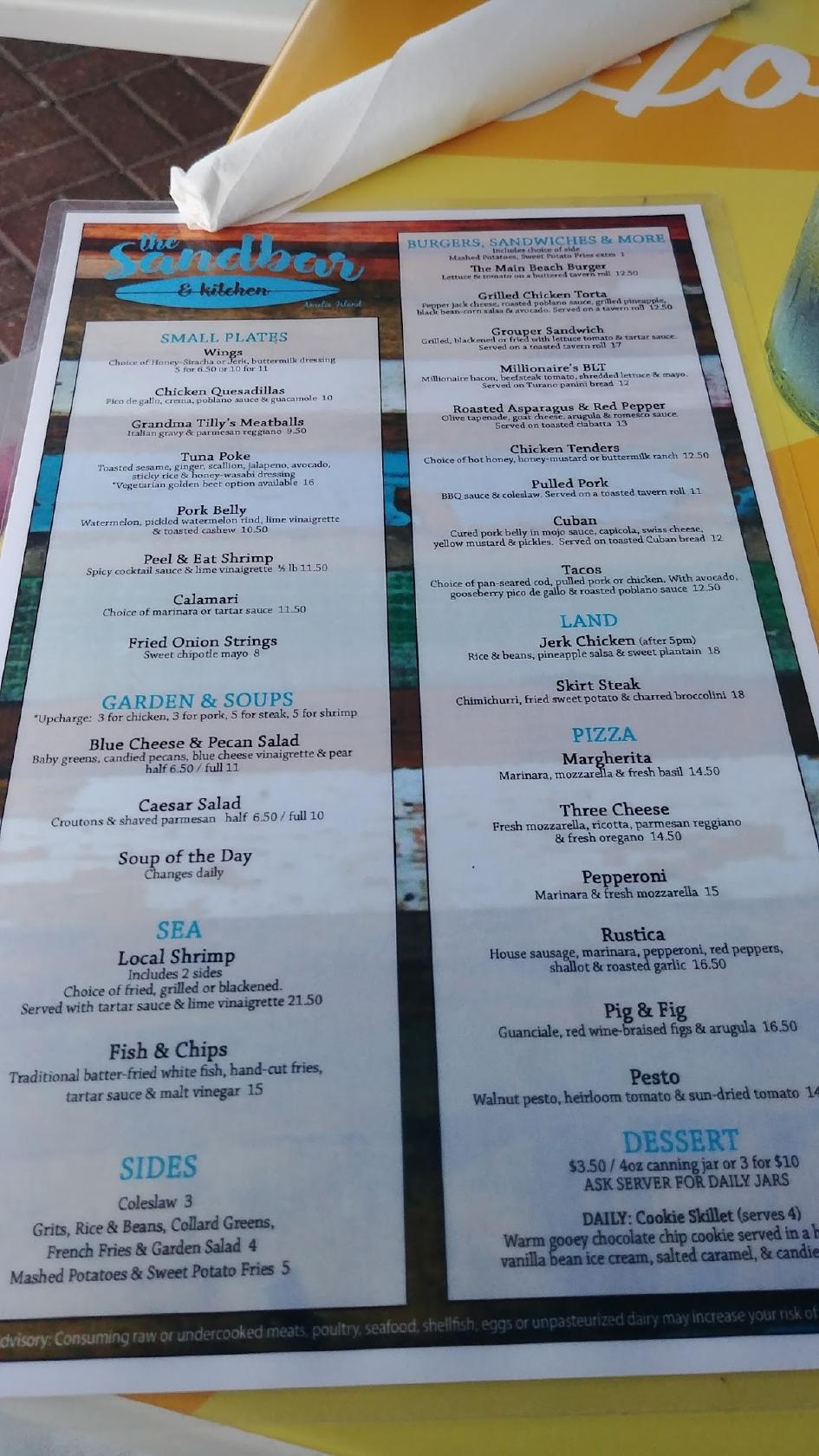 Menu at Sandbar Amelia Island, Fernandina Beach
