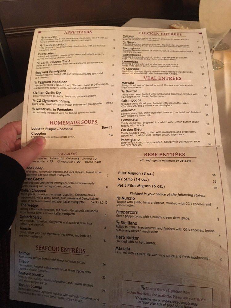 Menu at Charlie Gitto's On the Hill restaurant, St. Louis, Shaw Ave