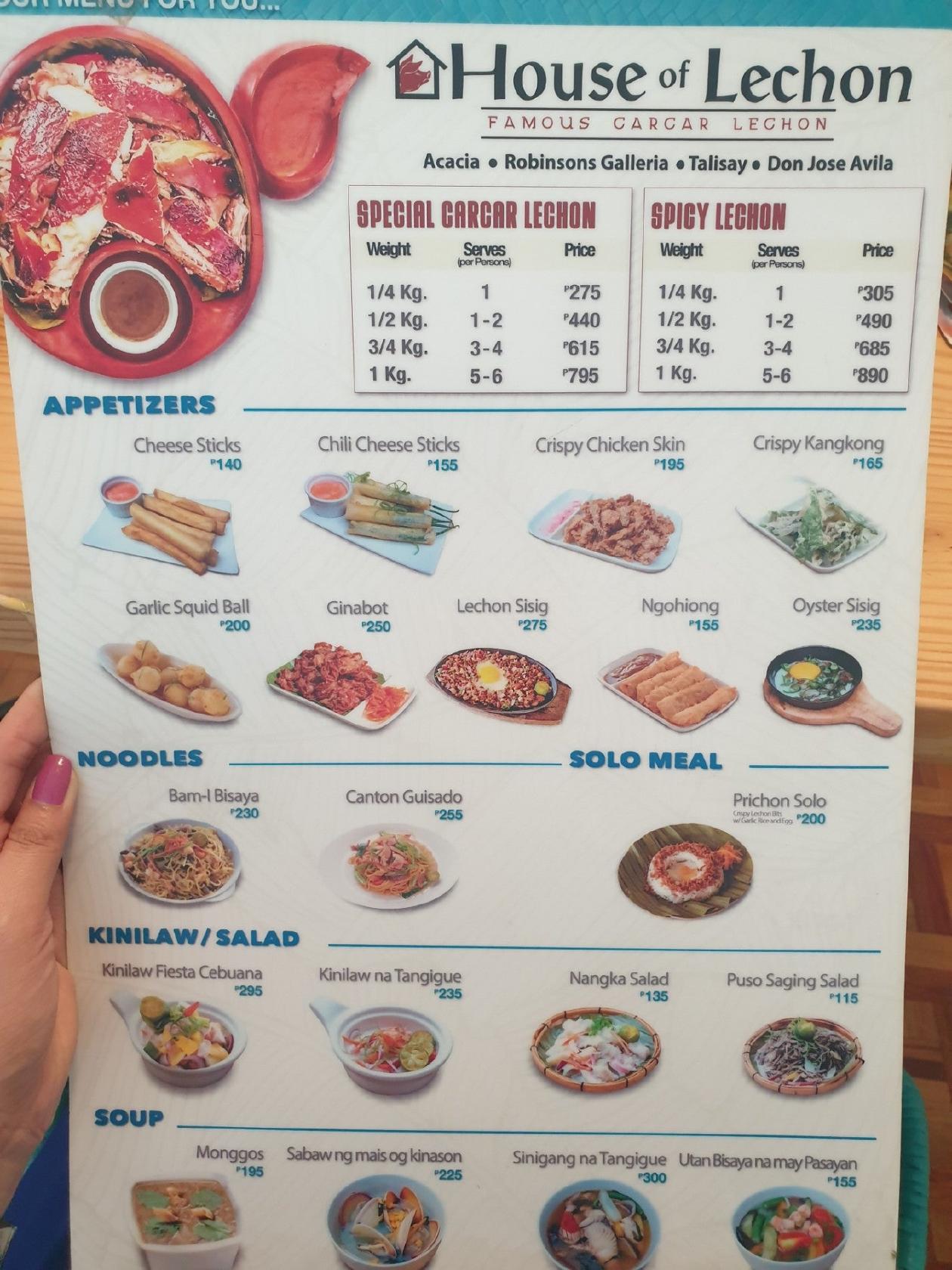 Menu at House of Lechon restaurant, Cebu City, Don Jose Avila St