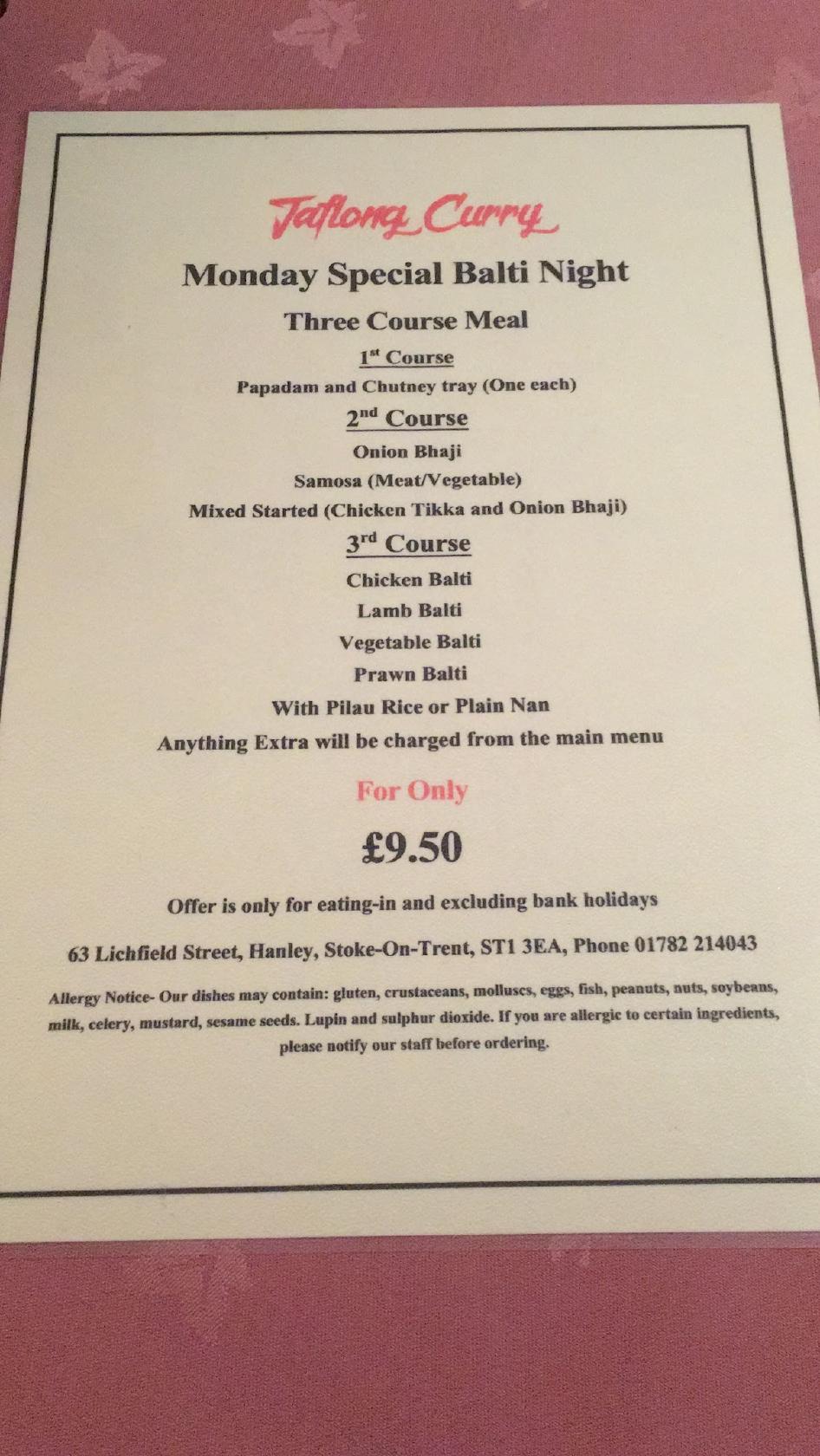 Menu at Jaflong Curry restaurant, Stoke-on-Trent