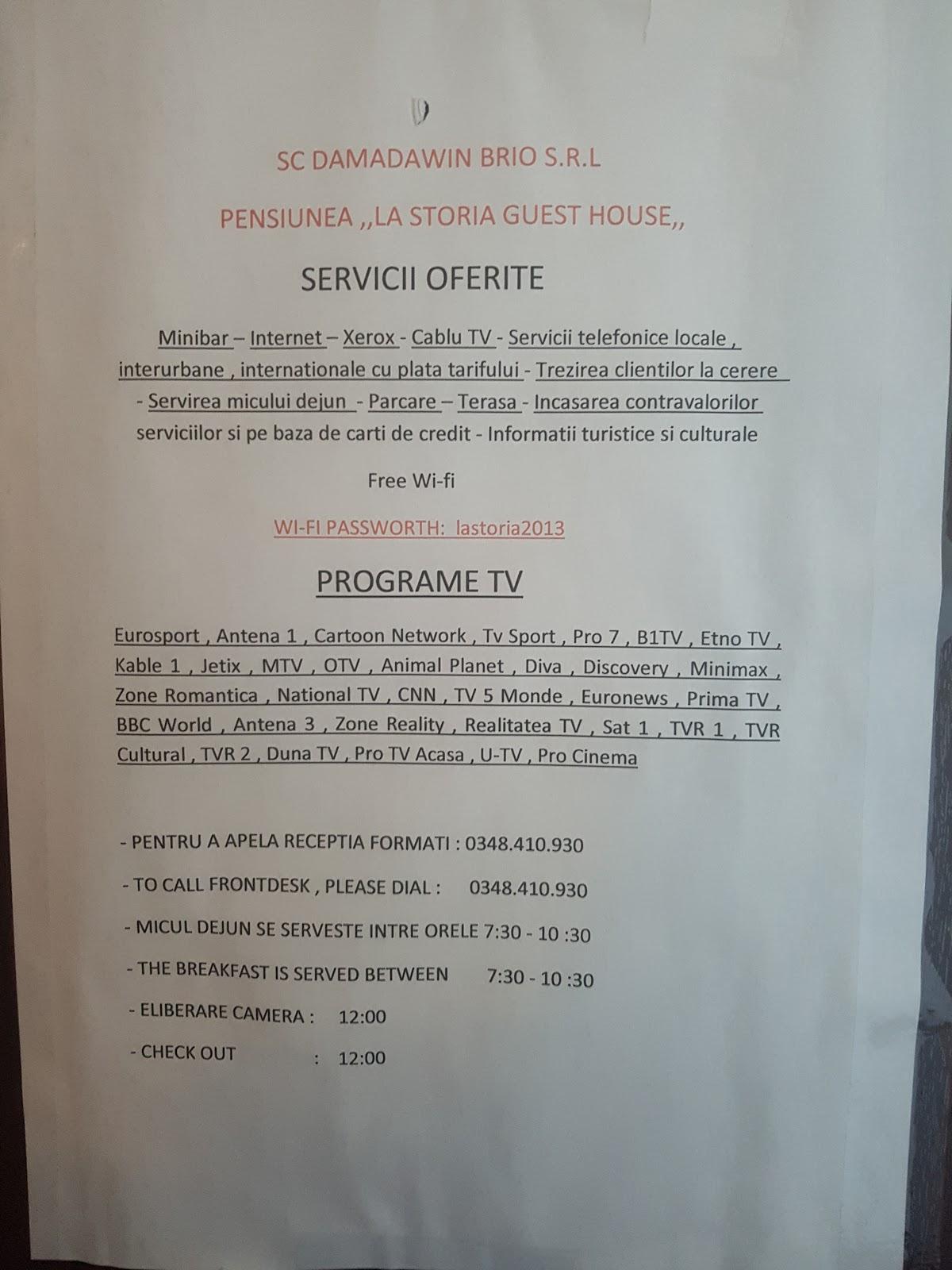 Menu at La Storia, Pitești