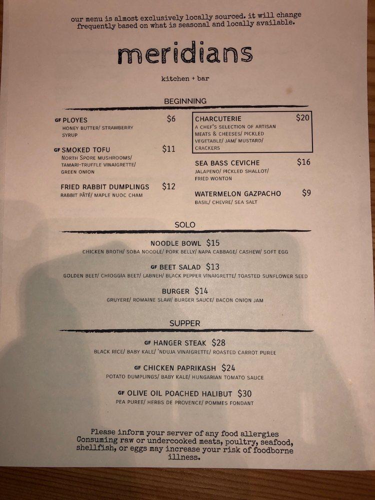 Menu at Meridians: The Restaurant, Fairfield