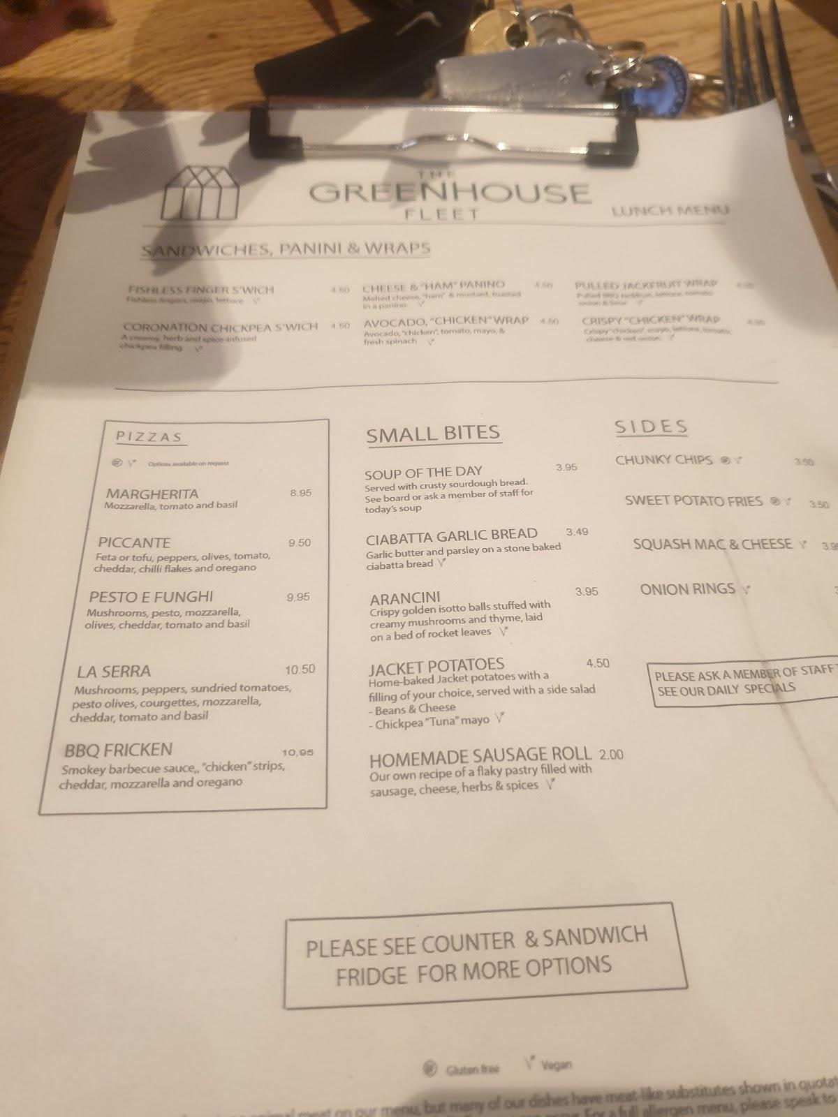Menu at The Greenhouse restaurant, Fleet