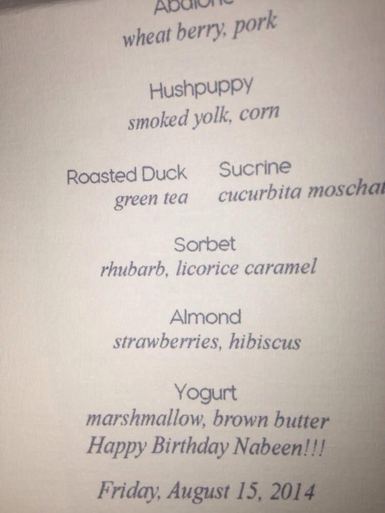 Menu at Atera restaurant, New York City