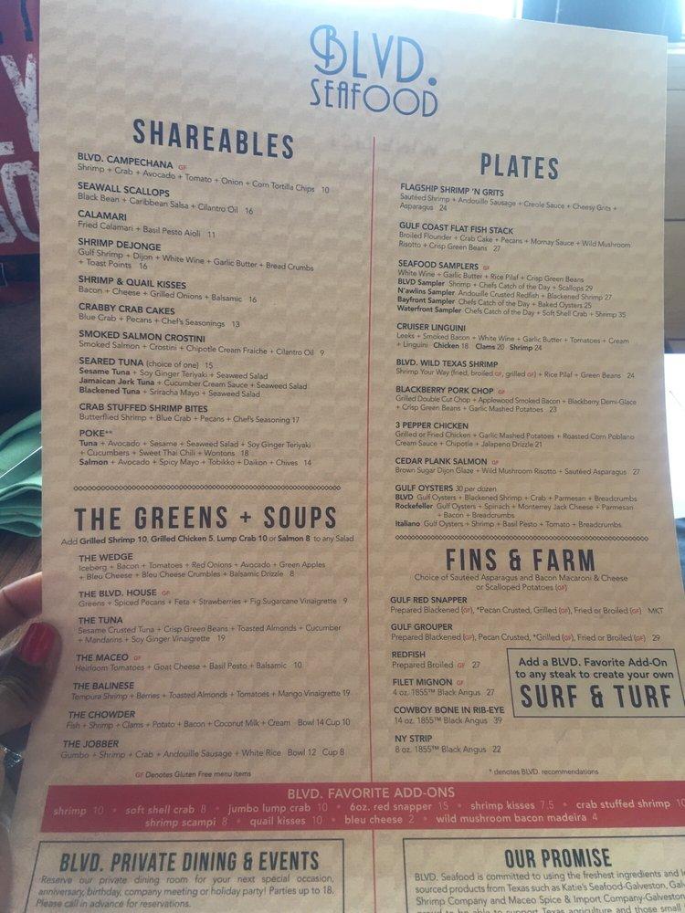 Menu at BLVD Seafood steakhouse, Galveston