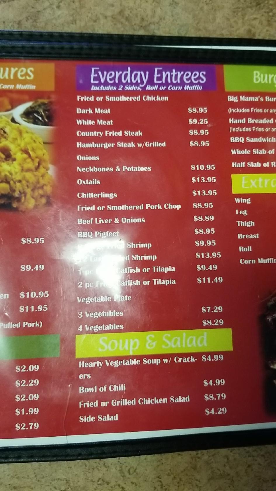 Menu at Big Mama's Soul Food desserts, Augusta