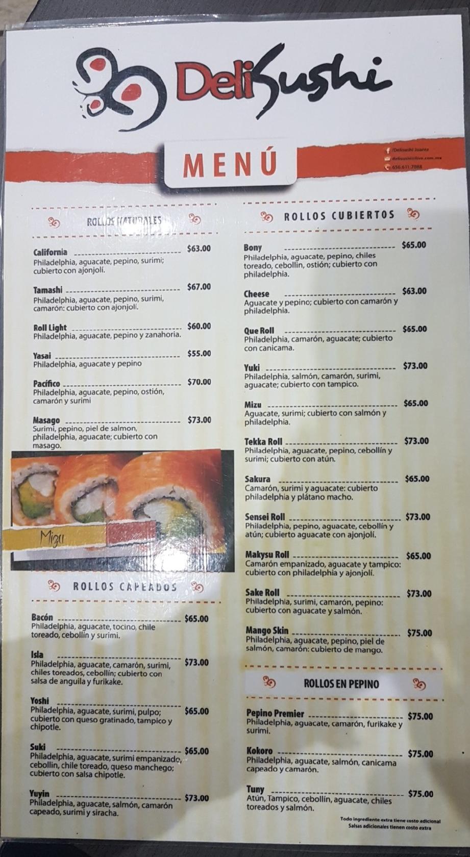 Menu at Delisushi restaurant, Ciudad Juarez