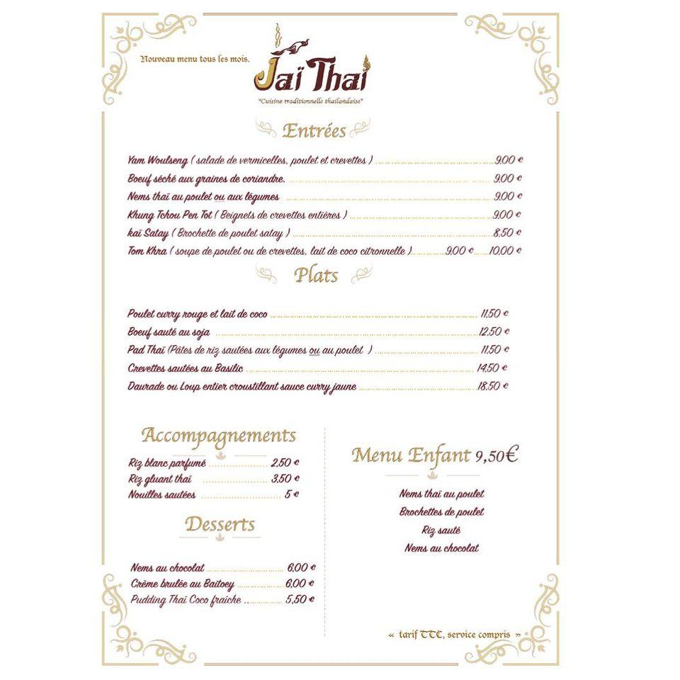 Menu at Jaï Thaï restaurant, France