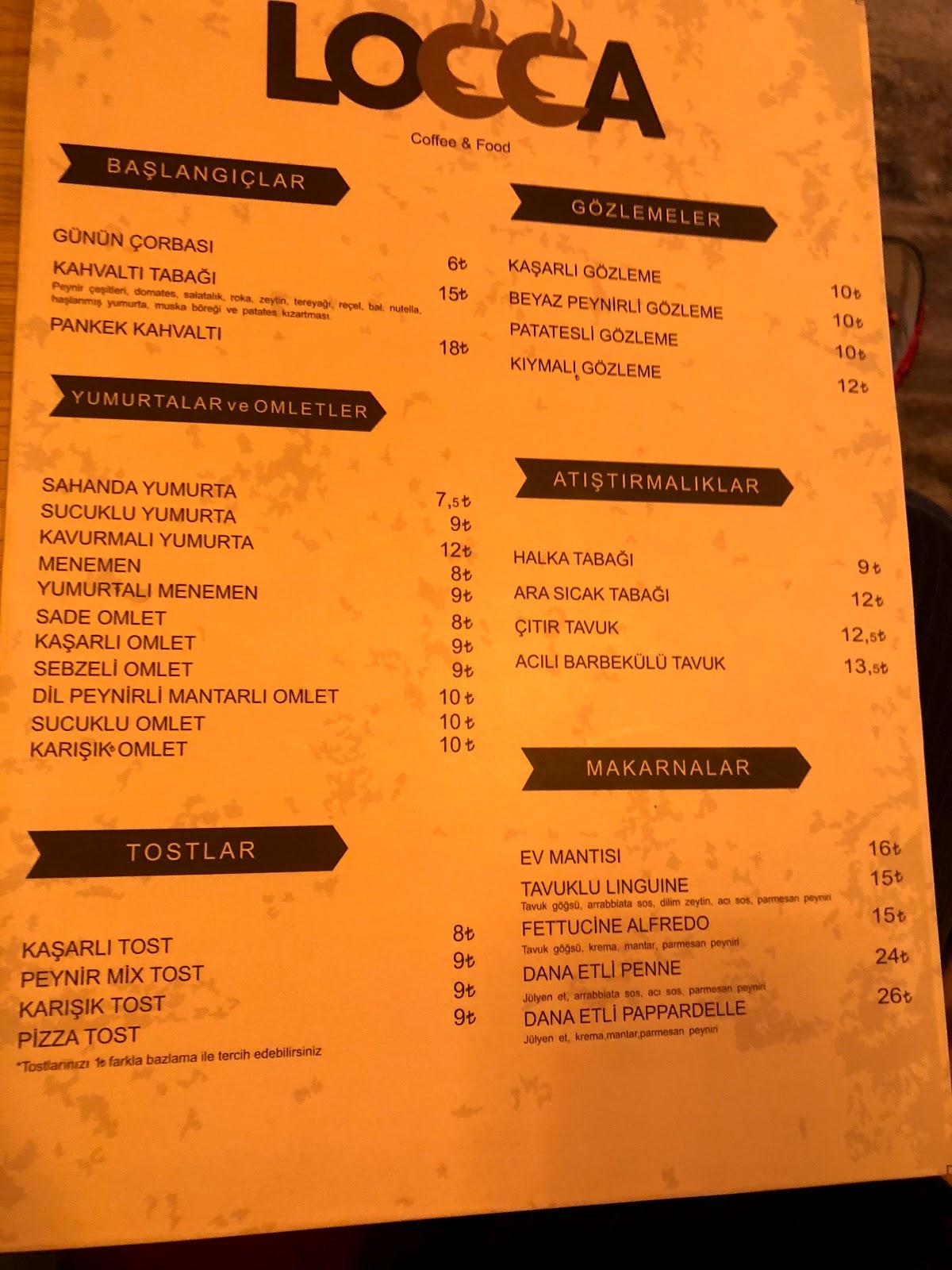 Carta de LOCCA COFFEE & FOOD, Ankara