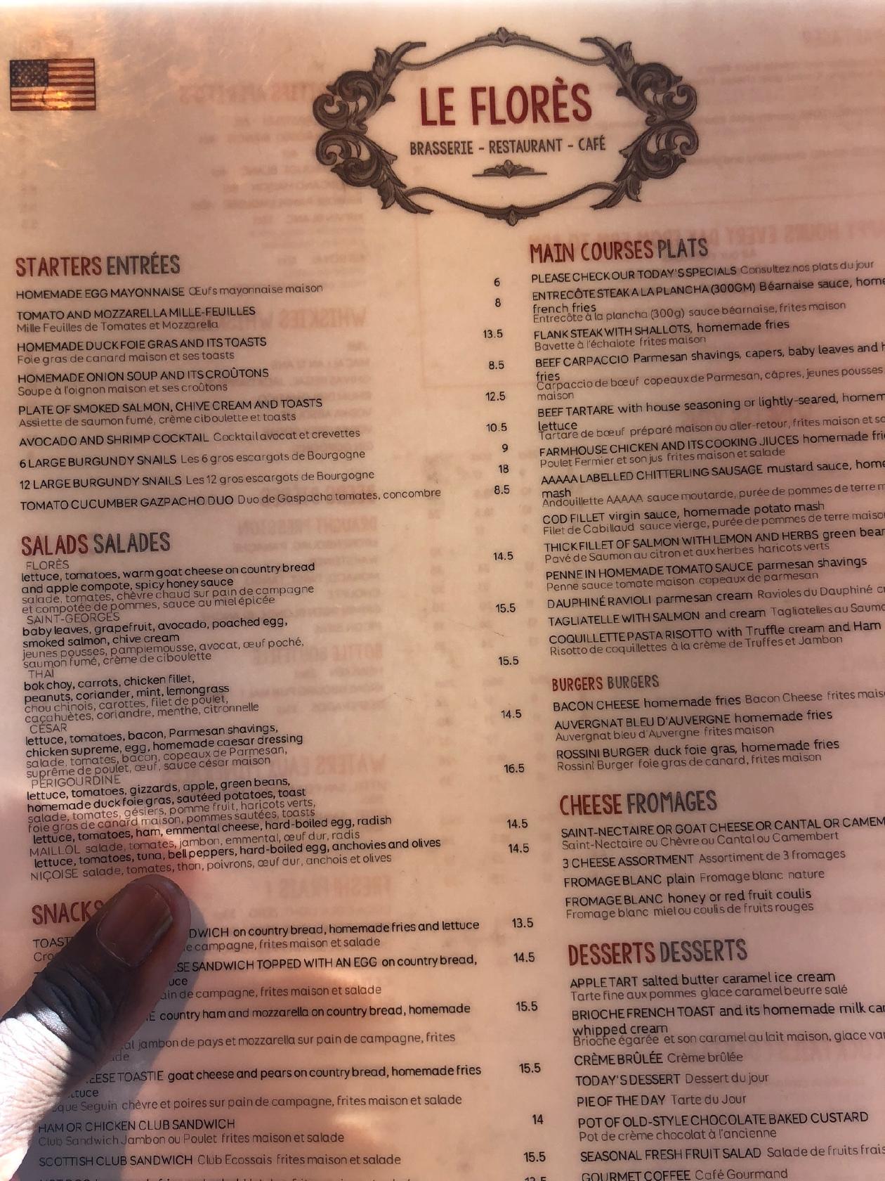 Menu at Le Florès restaurant, Paris