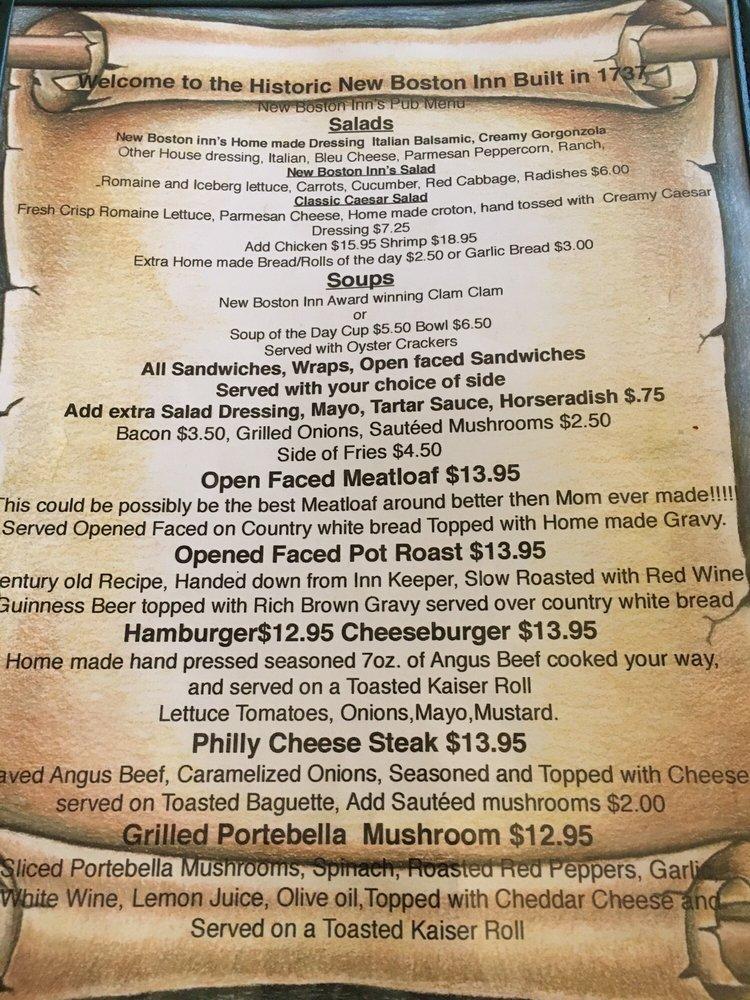 Menu at New Boston Inn restaurant, Sandisfield