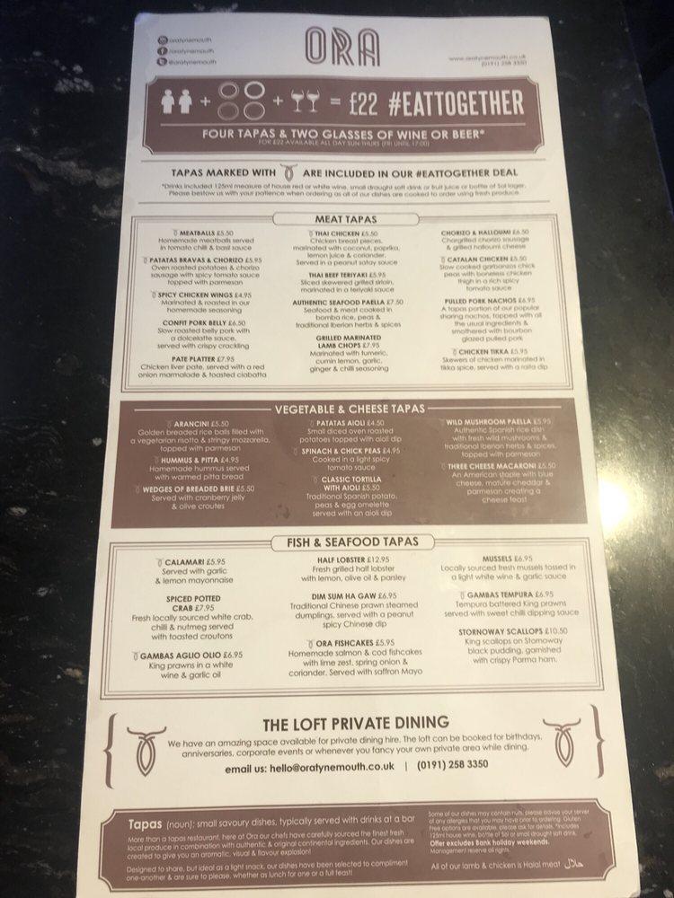Menu at Ora restaurant, Tynemouth