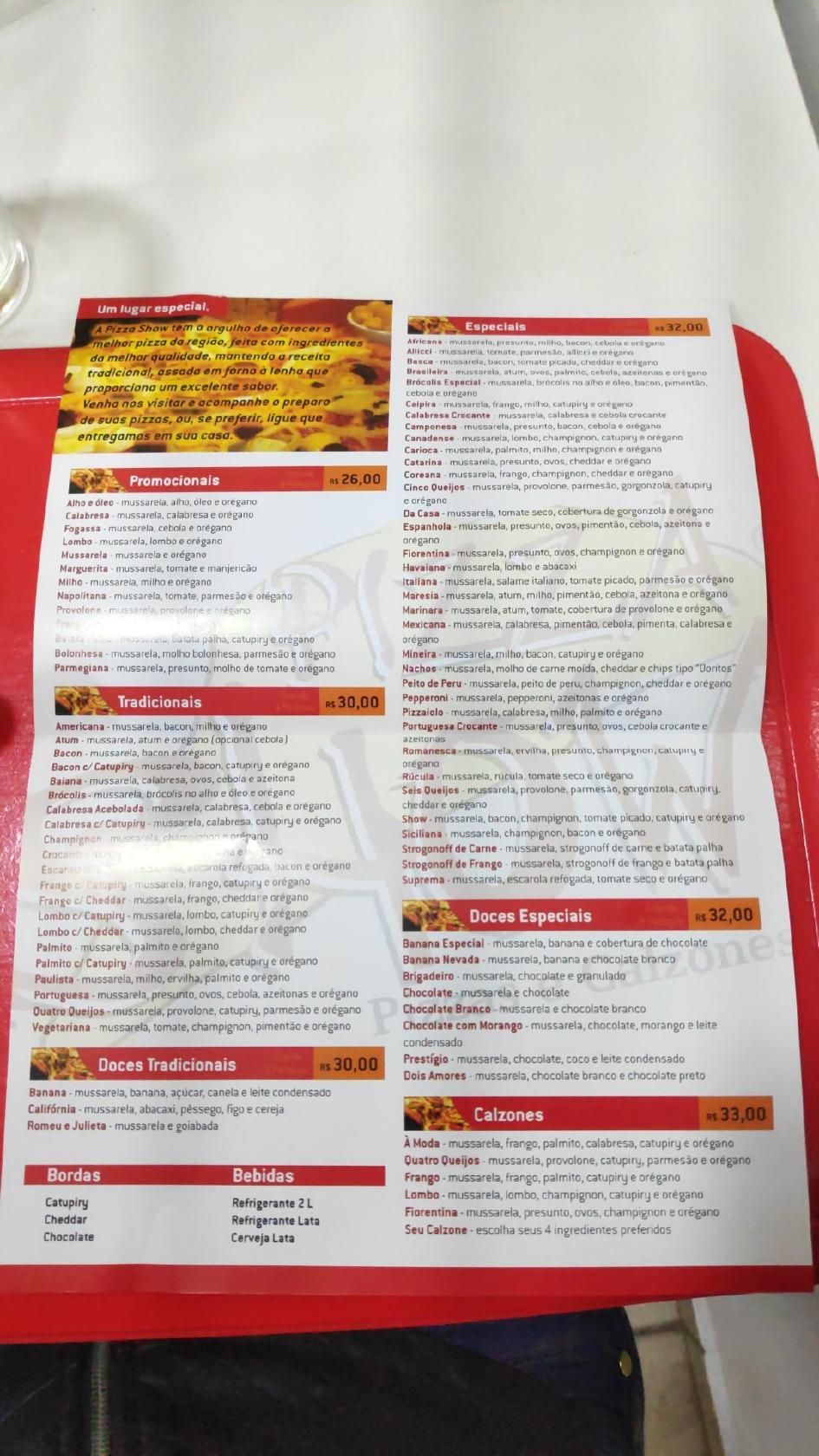Menu em Pizza Show Pizzaria e Calzones, Curitiba