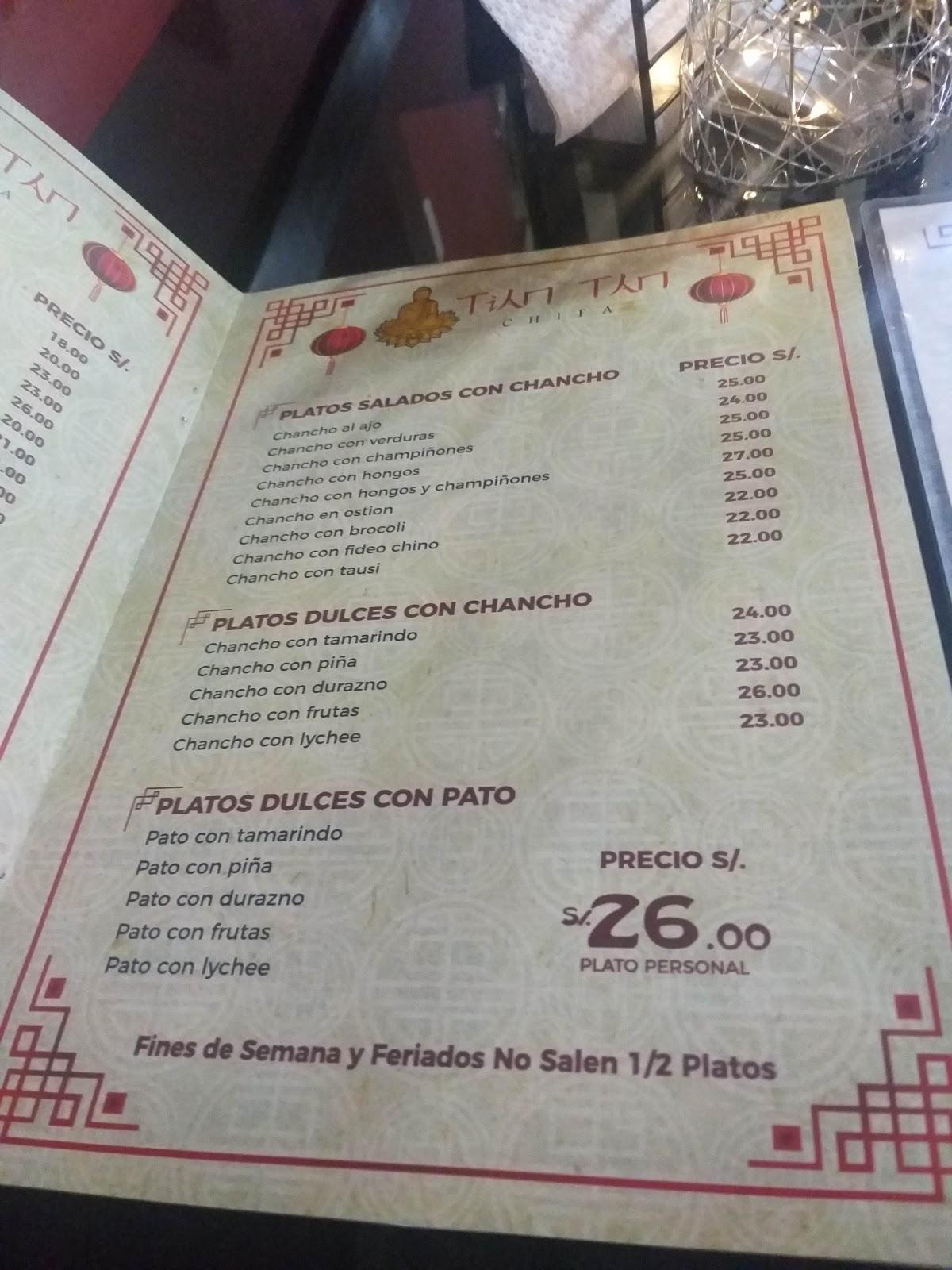 Menu at Chifa Tian Tan restaurant, Chimbote