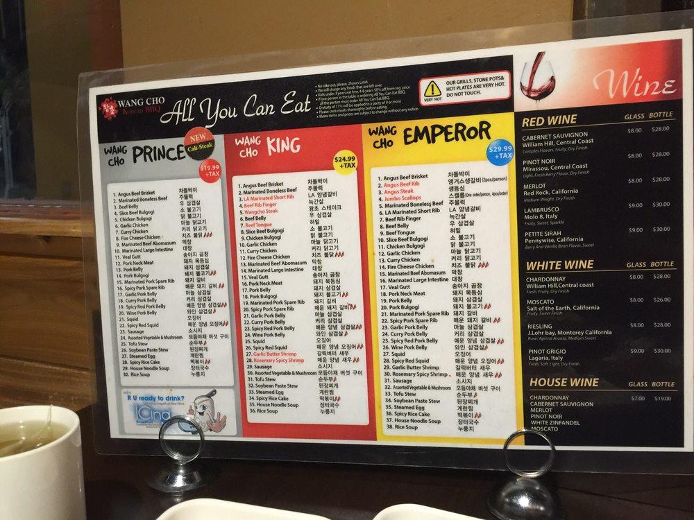 Menu at Wang Cho Korean BBQ, Riverside