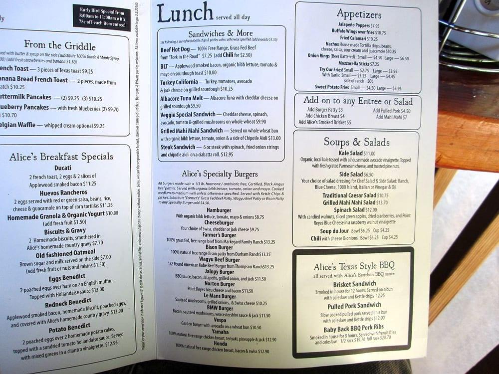 Menu at Alice's Restaurant, Woodside, Skyline Blvd