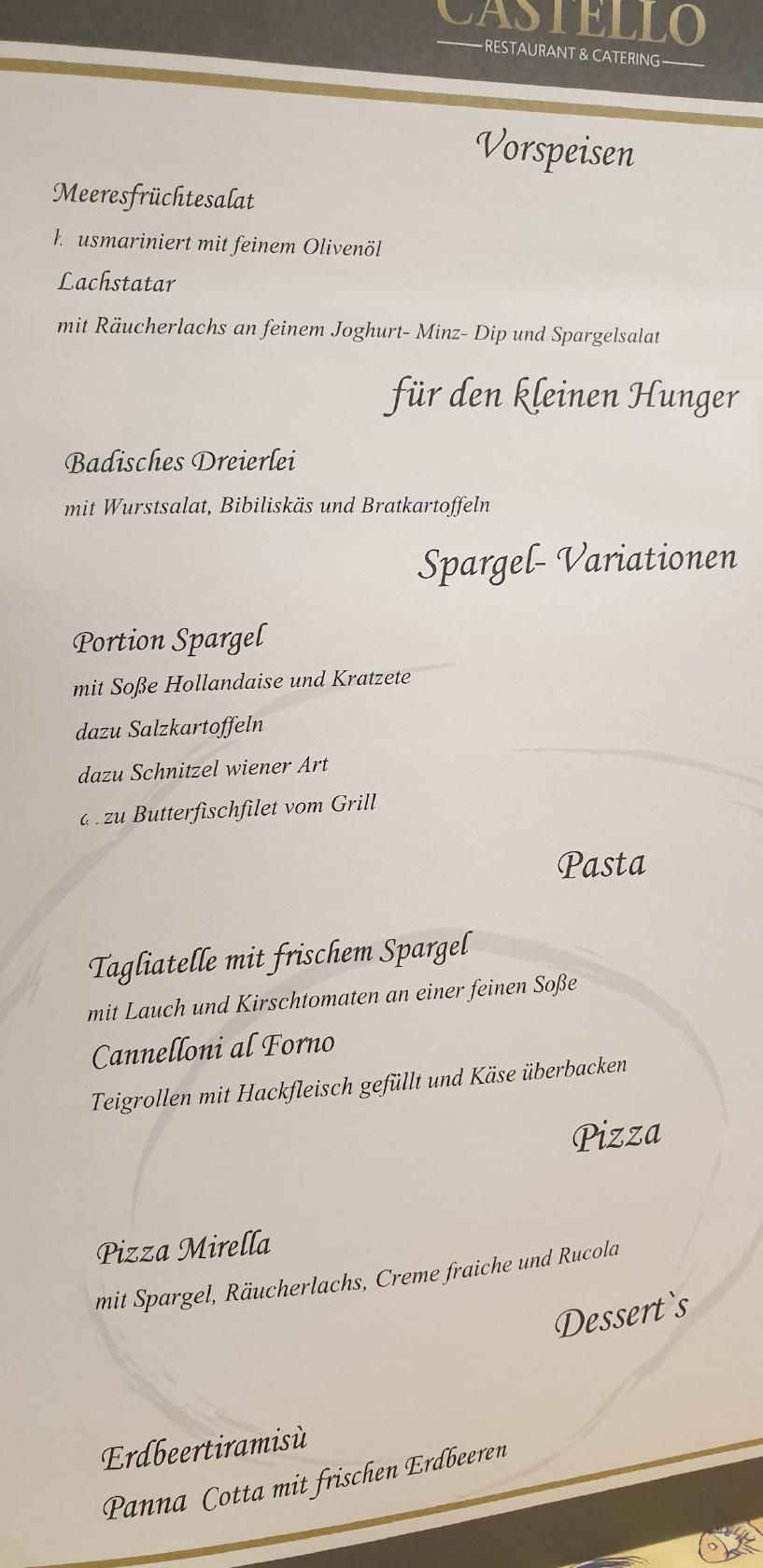Menu at Castello Restaurant Pizzeria Catering, Bötzingen