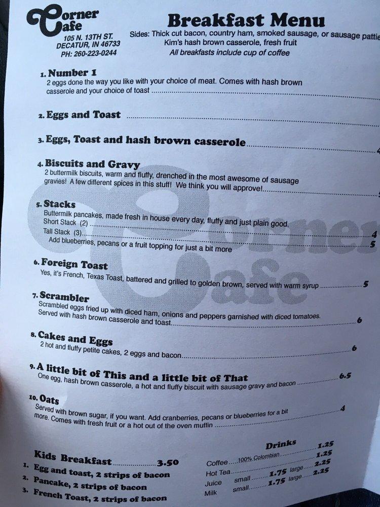 Menu at Corner Cafe, Decatur, 105 N 13th St