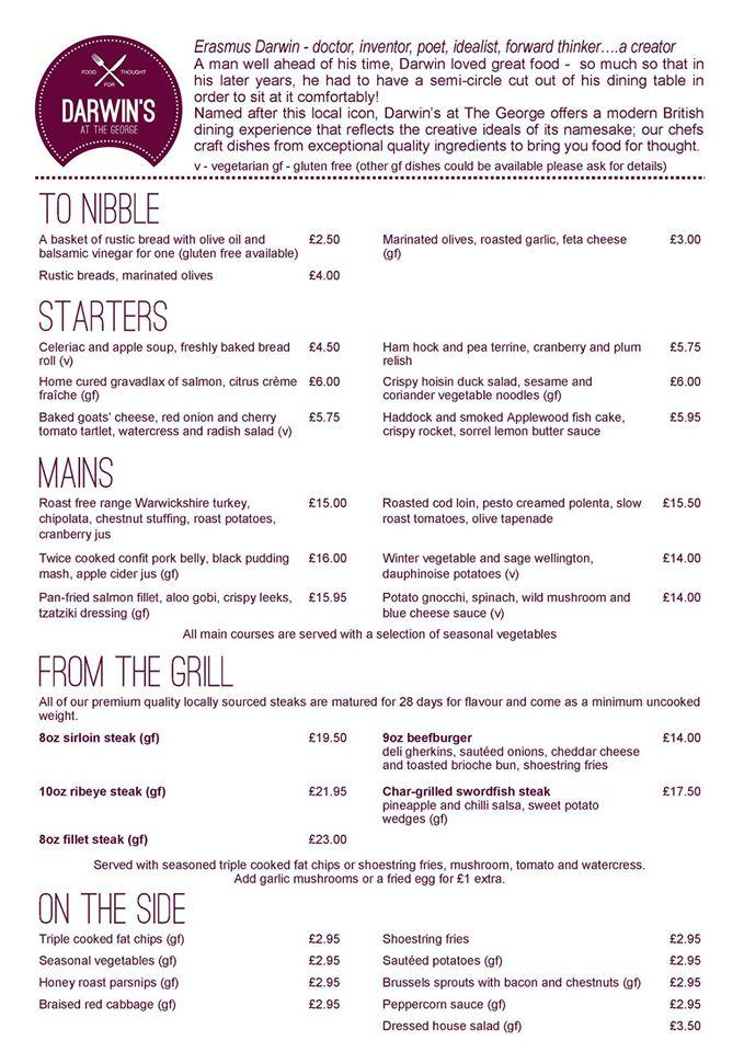 Menu at Darwin's at The George restaurant, Lichfield