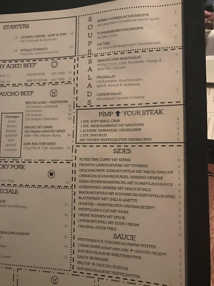 Menu at El Gaucho steakhouse, Munich
