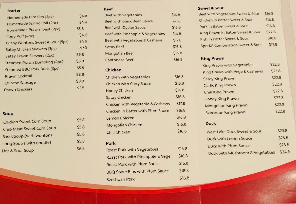 Menu at Four Seasons Chinese restaurant, Port Fairy