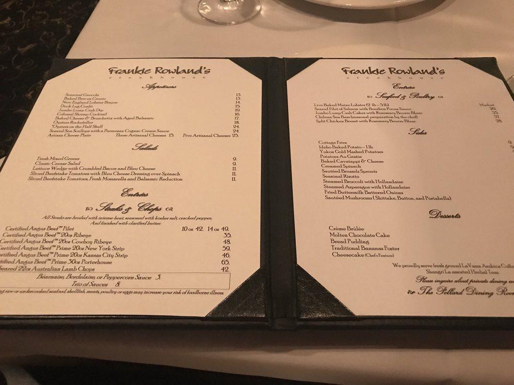 Menu at Frankie Rowland's Steakhouse, Roanoke
